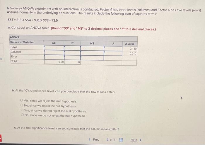 Solved A two-way ANOVA experiment with no interaction is | Chegg.com