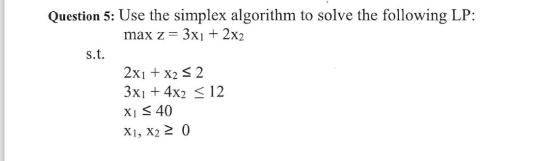 Solved Question 5: Use the simplex algorithm to solve the | Chegg.com