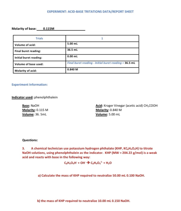 Solved EXPERIMENT: ACID-BASE TRITATIONS DATA/REPORT SHEET | Chegg.com