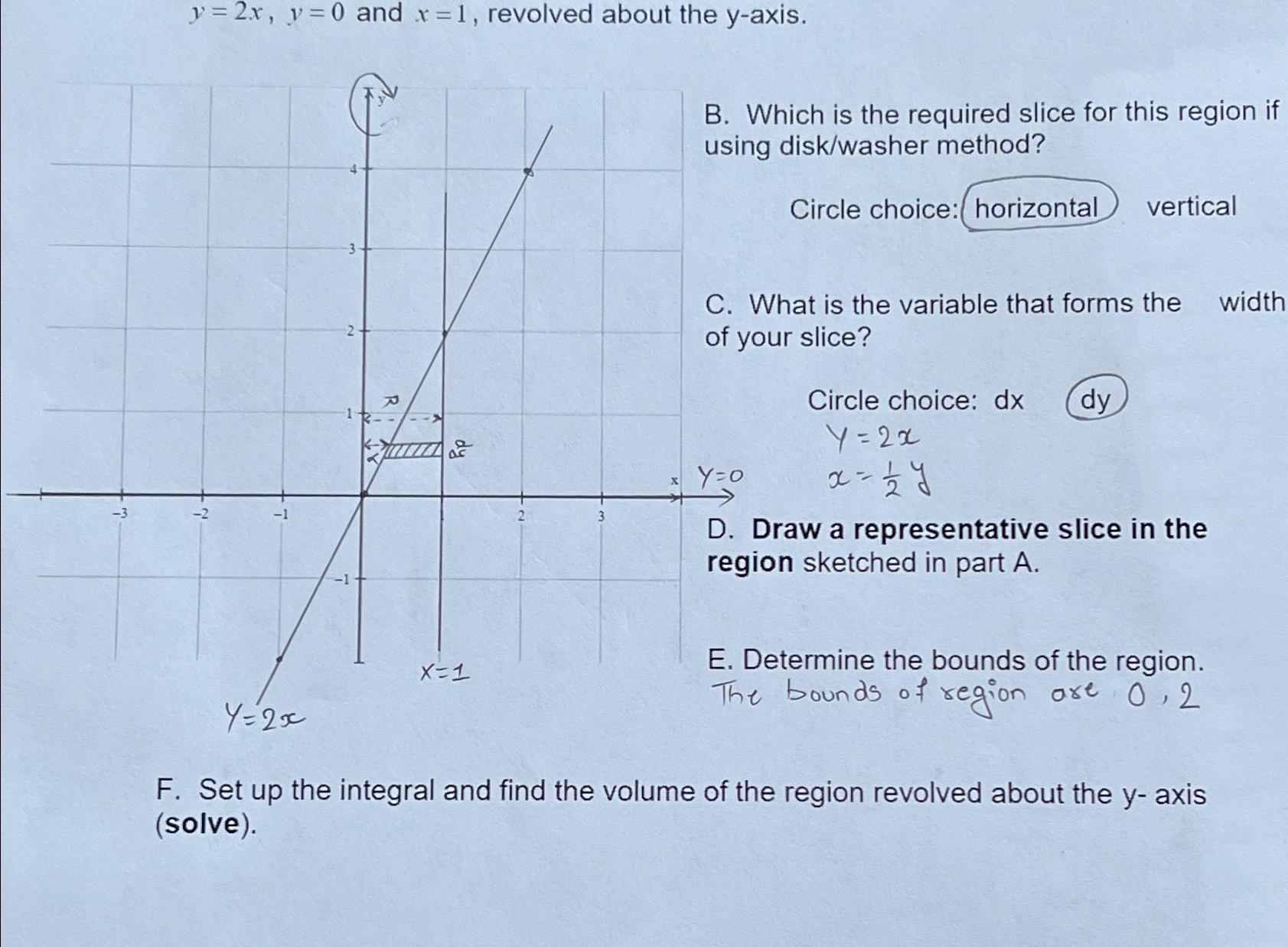 Solved y=2x,y=0 ﻿and x=1, ﻿revolved about the y-axis.F. ﻿Set | Chegg.com