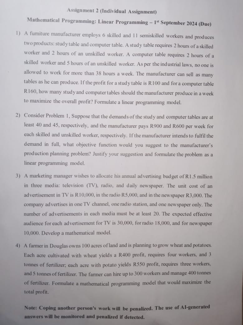 Solved Assignment 2 (Individual Assignment)Mathematical | Chegg.com