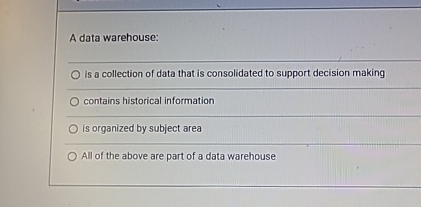 Solved A data warehouse:is a collection of data that is | Chegg.com