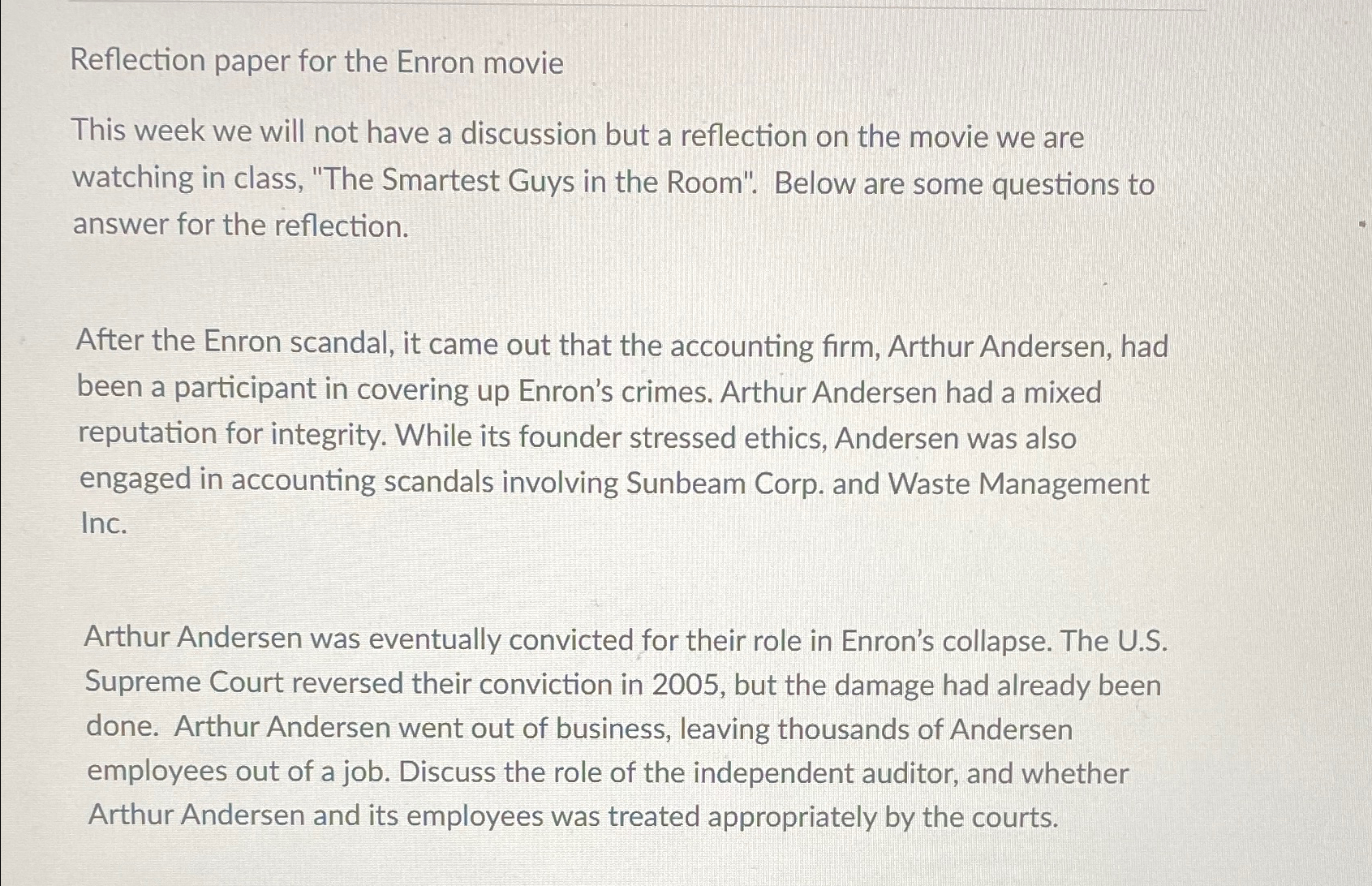 Solved Reflection paper for the Enron movieThis week we will | Chegg.com