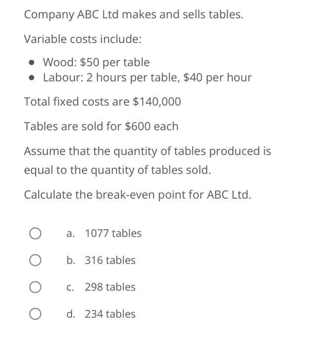 Solved Company ABC Ltd makes and sells tables. Variable | Chegg.com