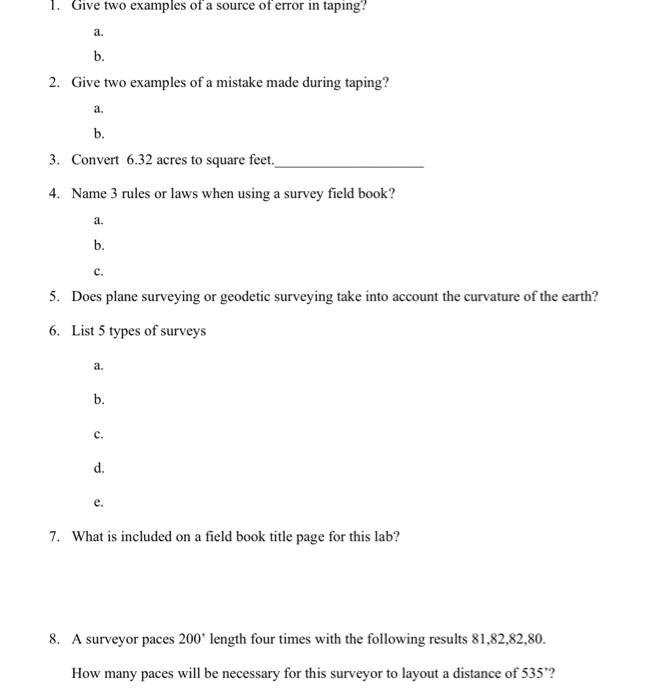 Solved 1. Give two examples of a source of error in taping? | Chegg.com