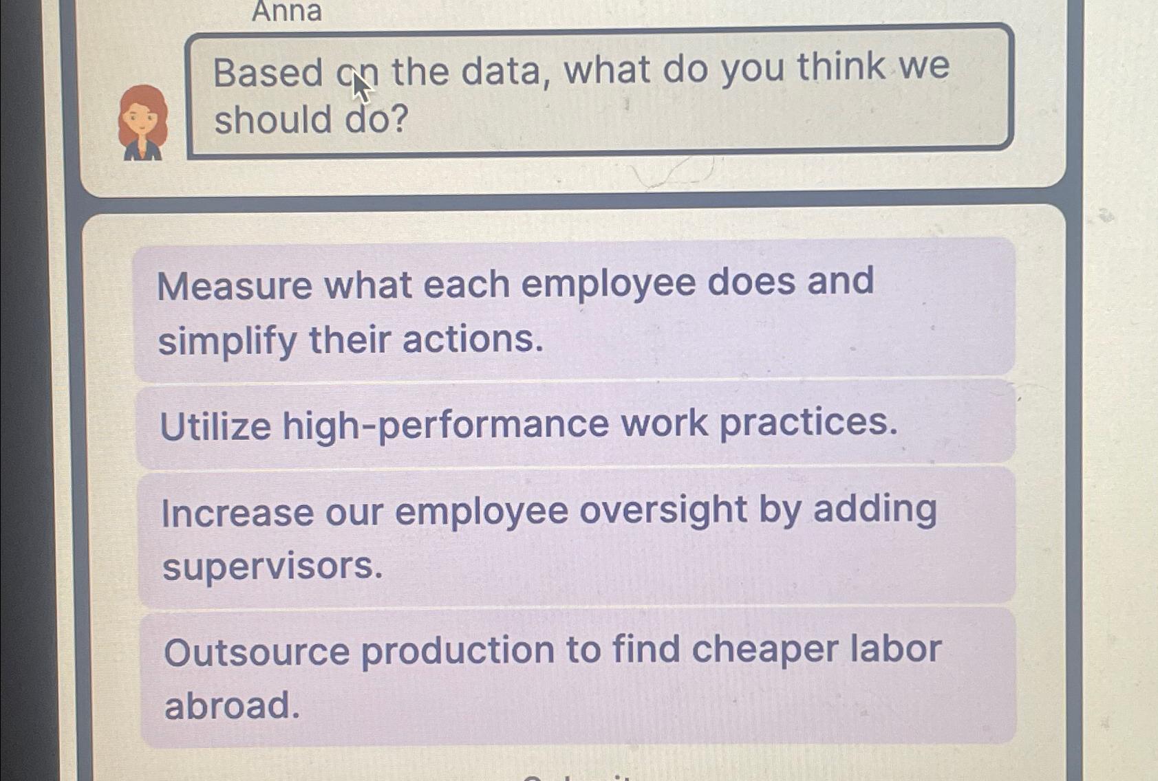Solved AnnaBased on the data, what do you think we should | Chegg.com