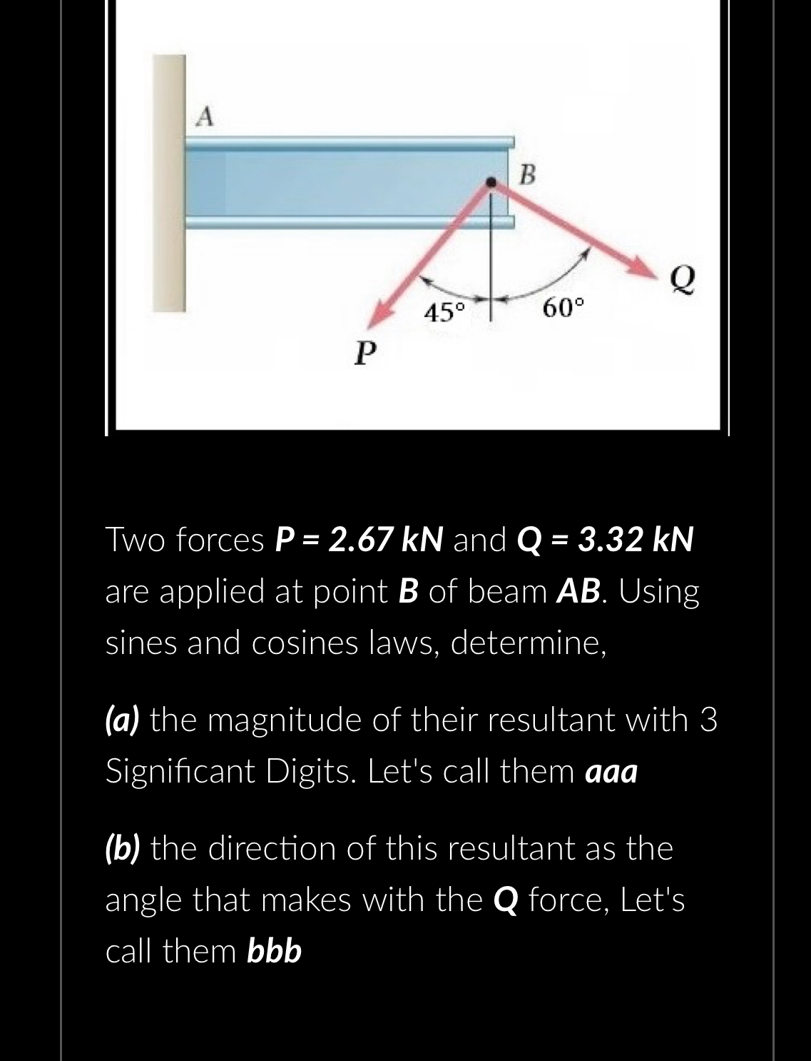 Solved Two forces P=2.67kN ﻿and Q=3.32kN ﻿are applied at | Chegg.com