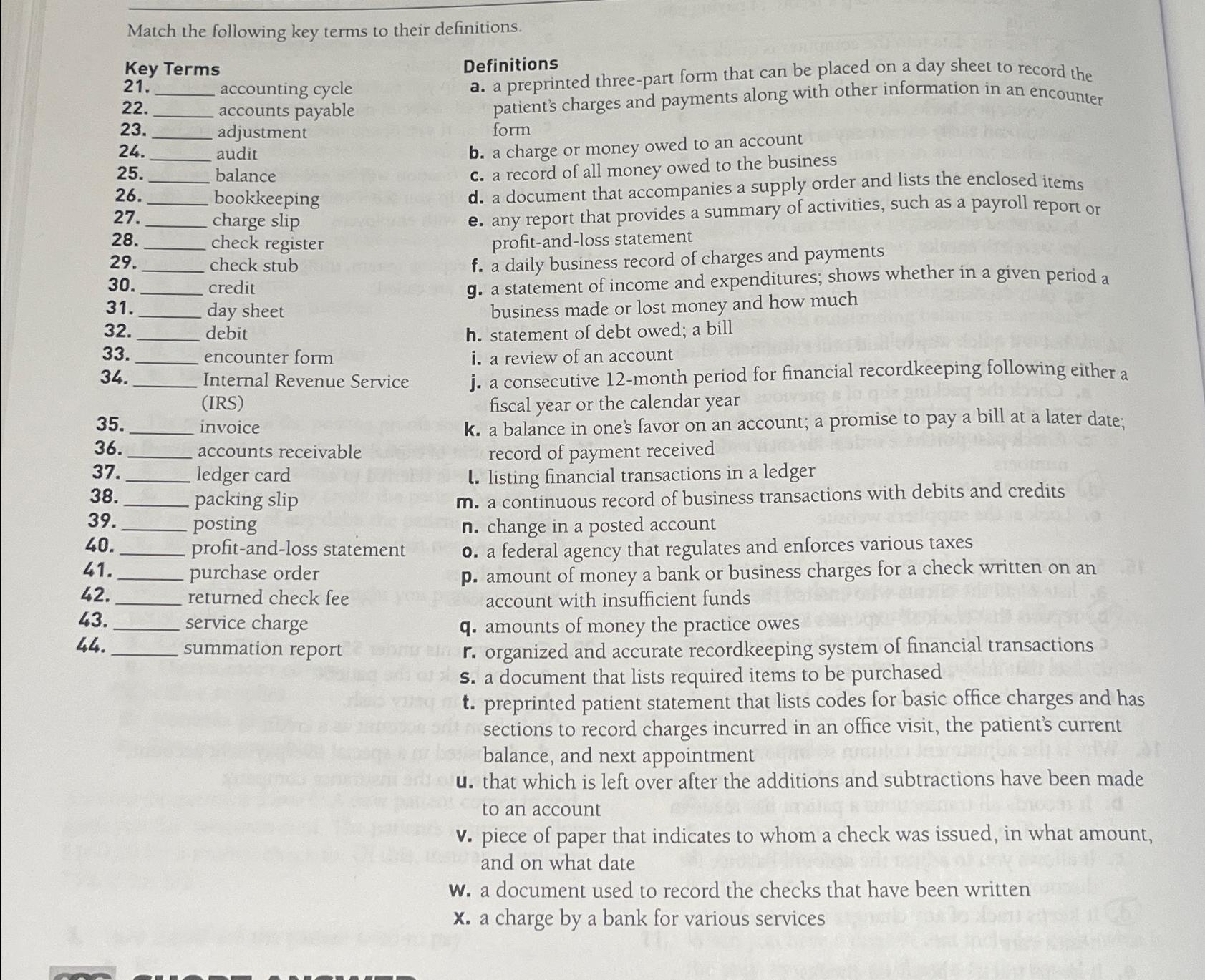 Solved Match the following key terms to their | Chegg.com