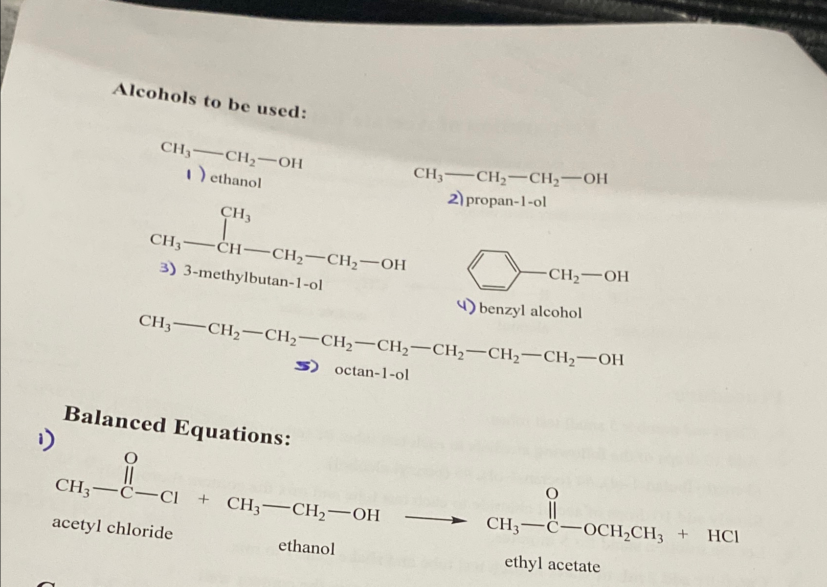 Solved Create balanced equations for each alcohol and acetyl | Chegg.com