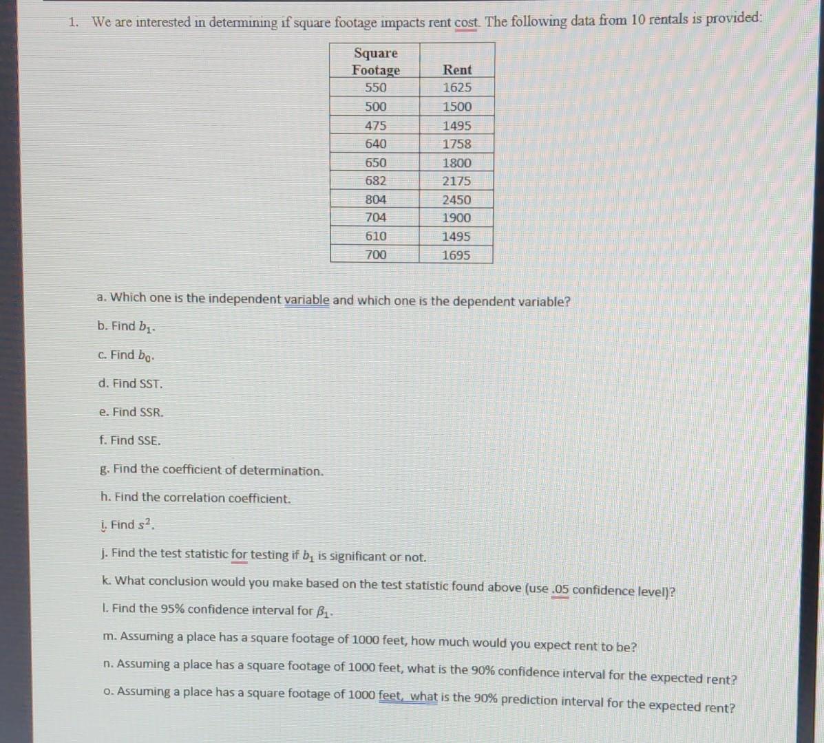 Solved 1. We are interested in determining if square footage | Chegg.com