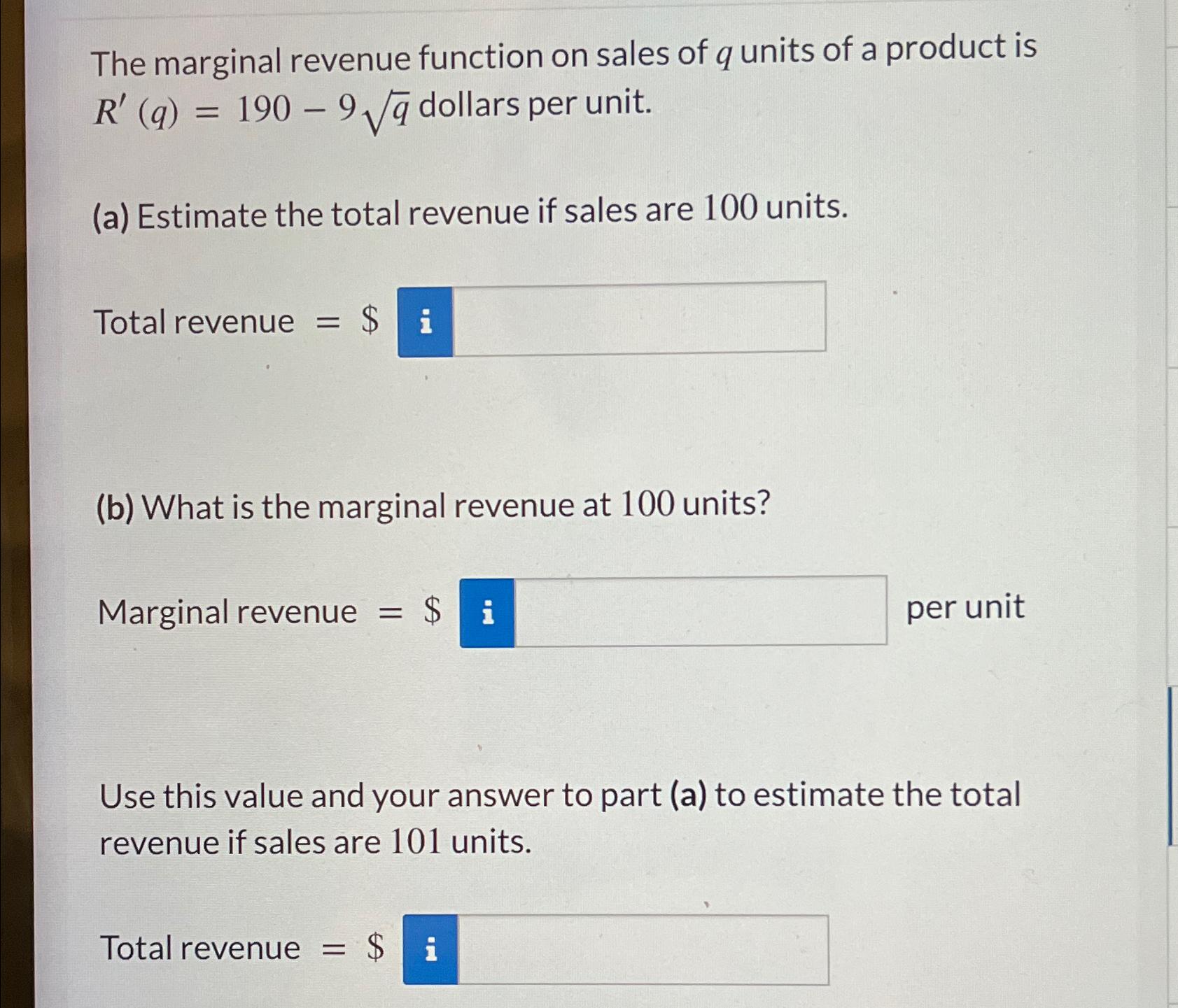 Solved The marginal revenue function on sales of q ﻿units of | Chegg.com