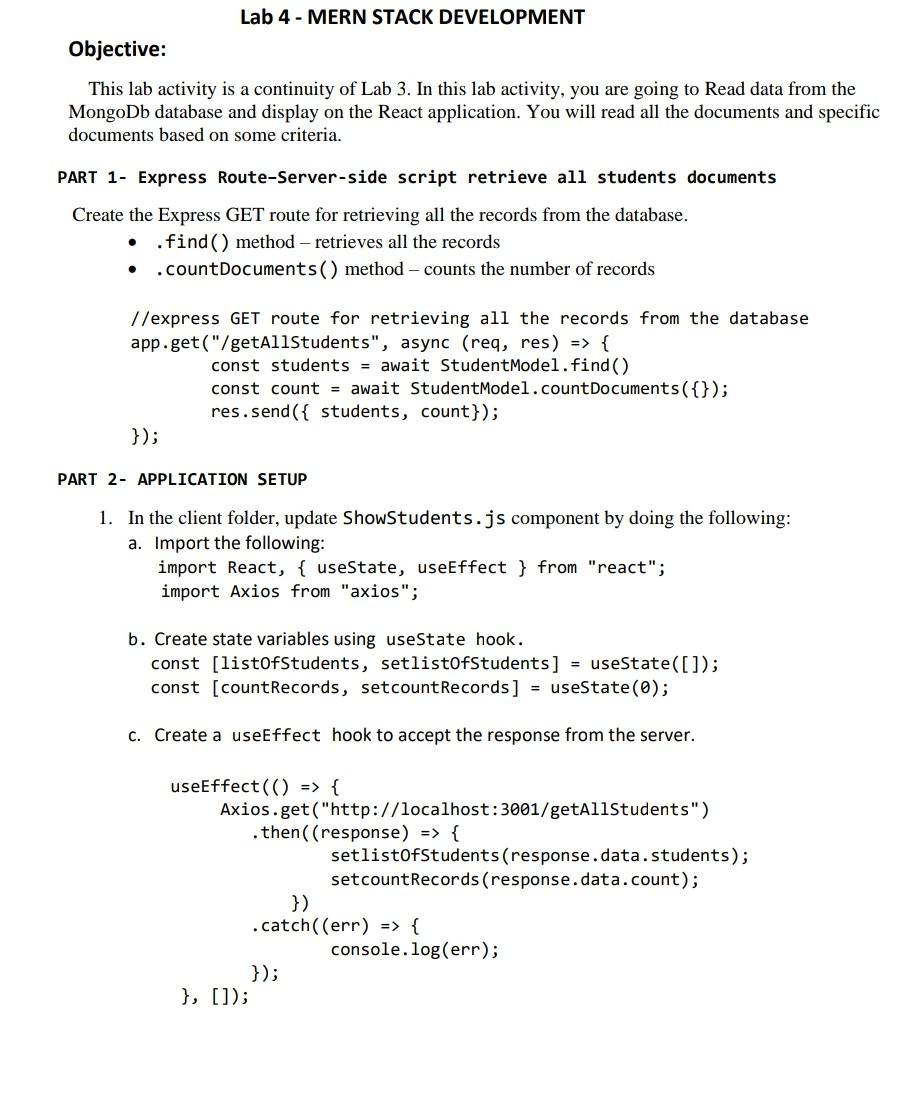 Lab 4 - MERN STACK DEVELOPMENT Objective: This lab | Chegg.com
