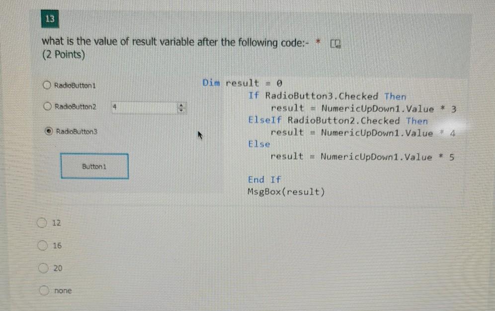 Solved 13 what is the value of result variable after the | Chegg.com