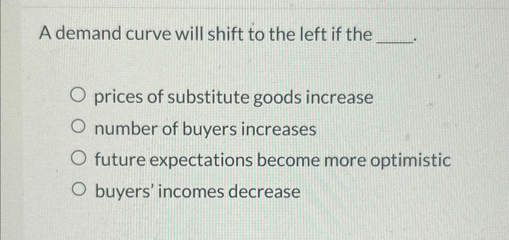 Solved A demand curve will shift to the left if theprices of | Chegg.com