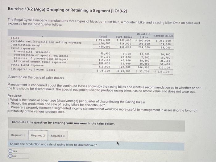 Solved Exercise 13-2 (Algo) Dropping or Retaining a Segment | Chegg.com