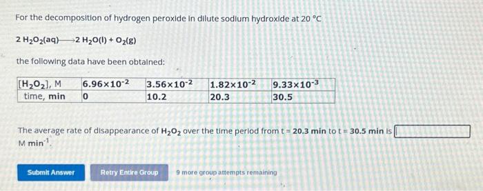 Solved For the decomposition of hydrogen peroxide in dilute | Chegg.com