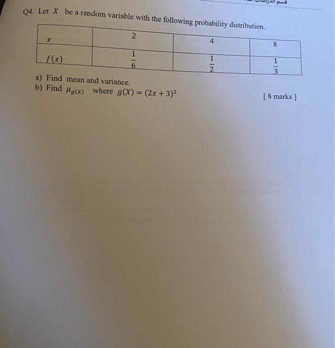 Solved Q4. Let X be a random variable with the followino a) | Chegg.com