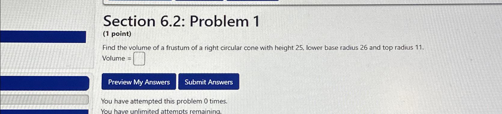 Solved Section 6.2: Problem 1(1 ﻿point)Find the volume of a | Chegg.com