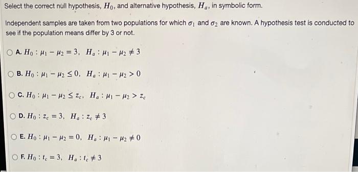 Solved Select the correct null hypothesis, Ho, and | Chegg.com