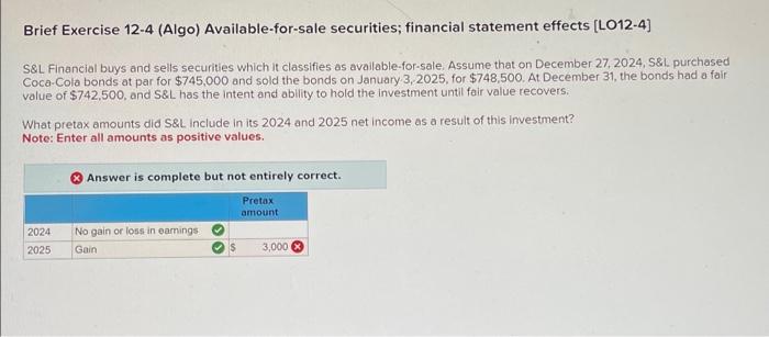 Solved Brief Exercise 12-4 (Algo) Available-for-sale | Chegg.com