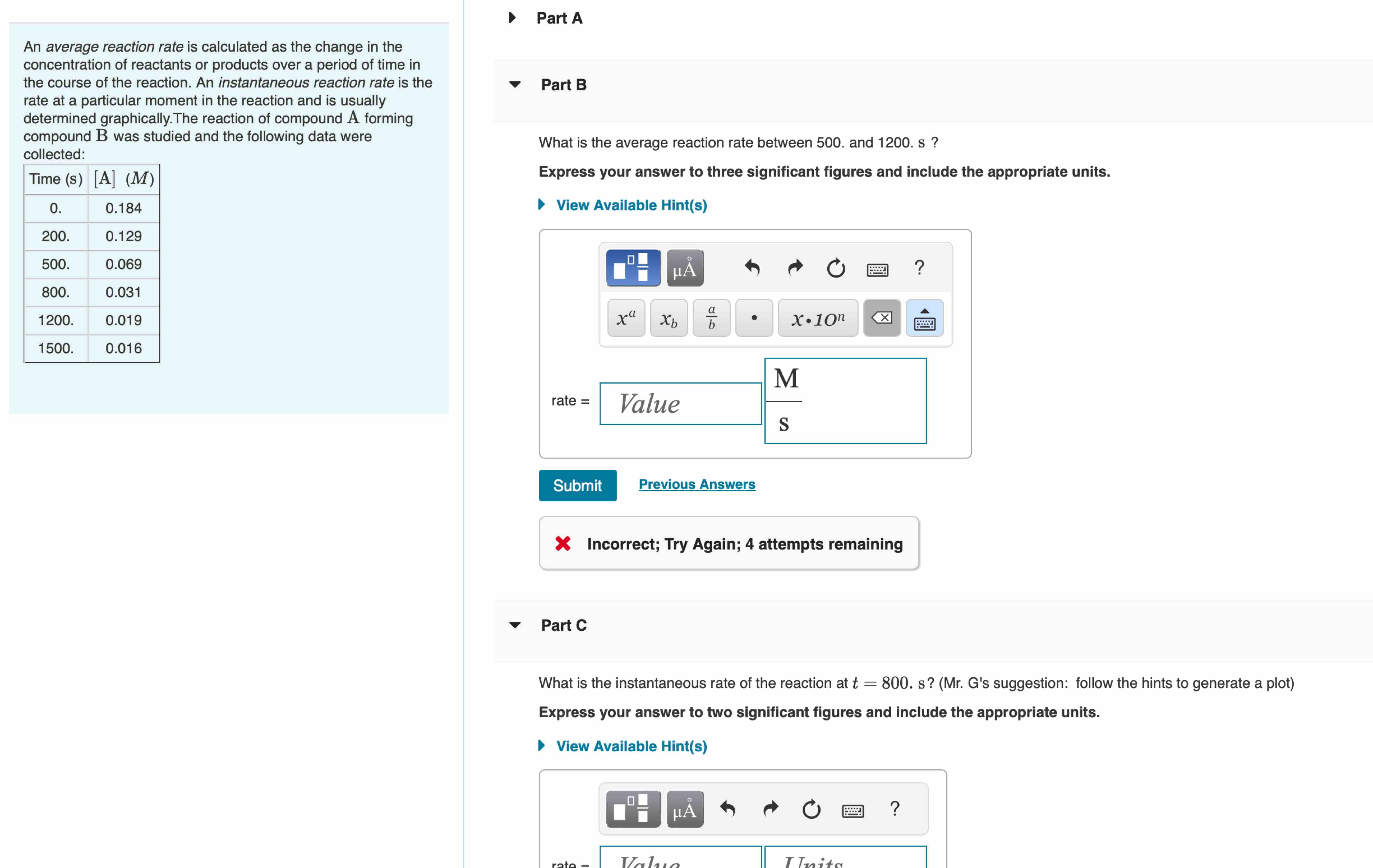 Solved help Part AAn average reaction rate is calculated as | Chegg.com
