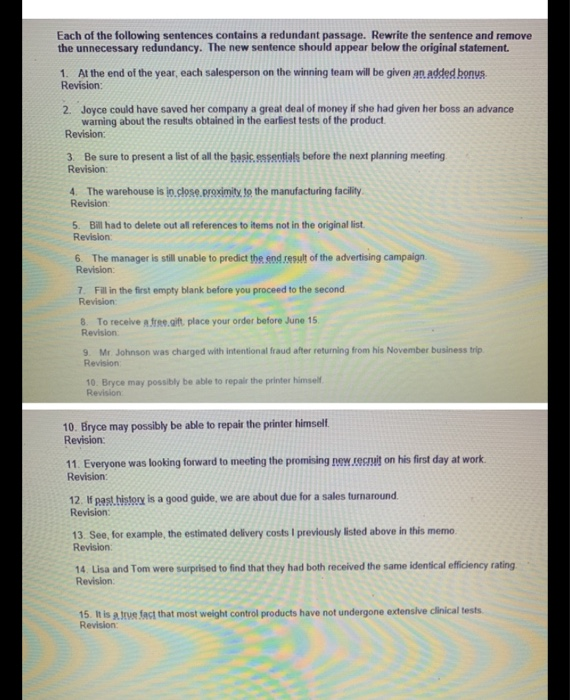 Solved Each of the following sentences contains a redundant | Chegg.com