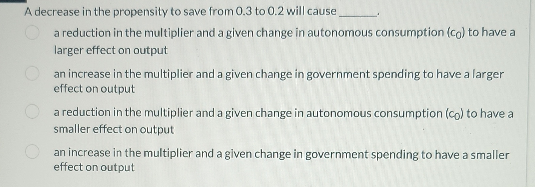 Solved A decrease in the propensity to save from 0.3 ﻿to 0.2 | Chegg.com