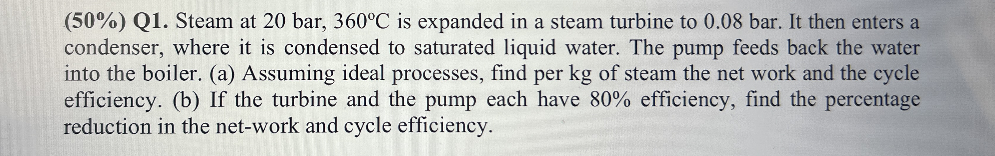 Solved (50%) ﻿Q1. ﻿Steam at 20bar ,360°C ﻿is expanded in a | Chegg.com