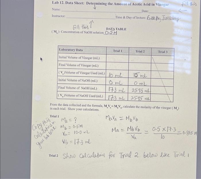 Solved From the data collected and the formula, M2VA=MbVb, | Chegg.com