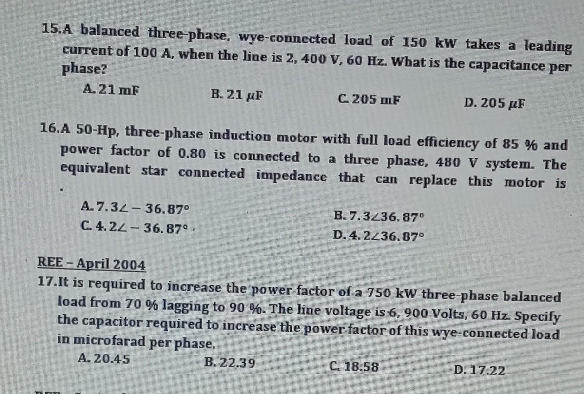 Solved 15.A balanced three-phase, wye-connected load of 150 | Chegg.com