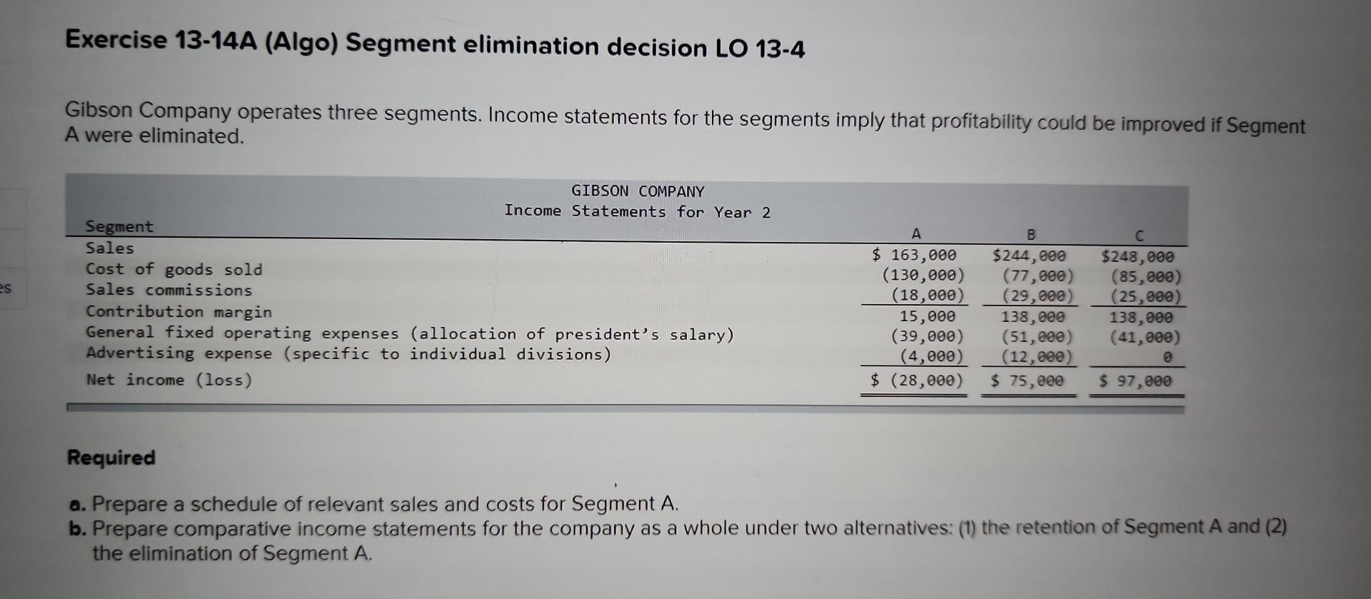 Solved Exercise 13-14A (Algo) Segment elimination decision | Chegg.com