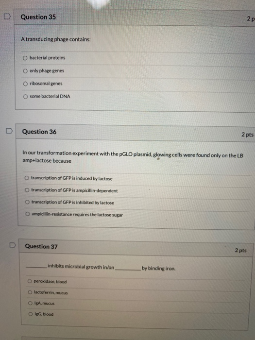 Solved Question 35 2 p A transducing phage contains: | Chegg.com