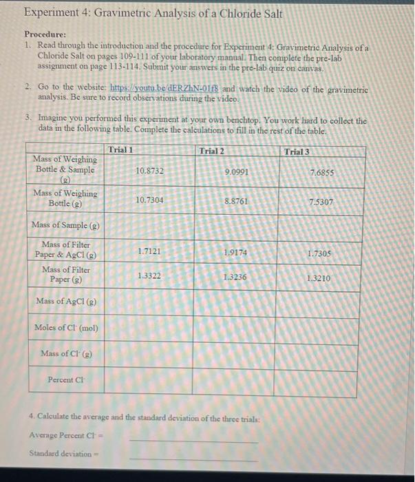 Solved Experiment 4: Gravimetric Analysis of a Chloride Salt | Chegg.com