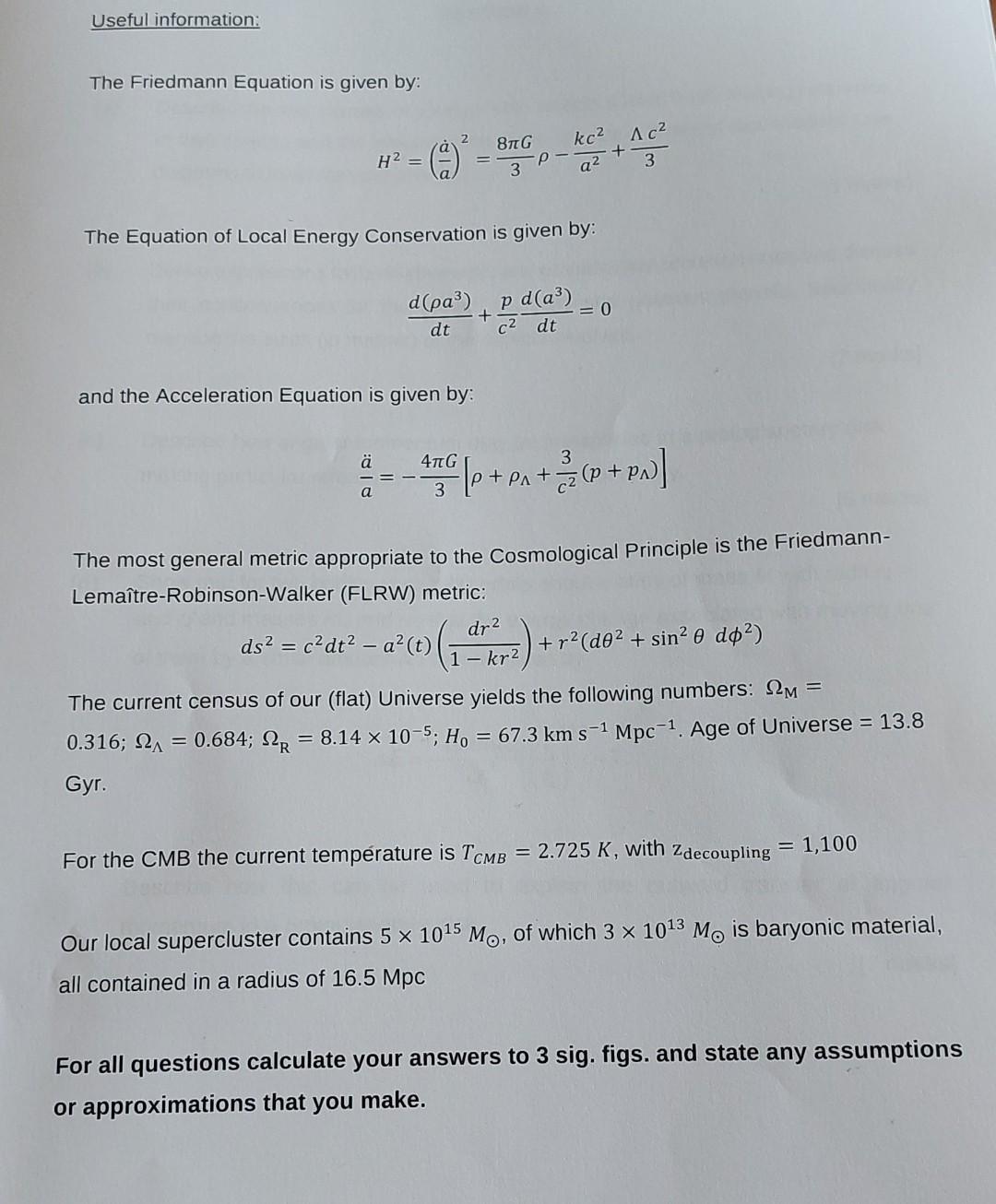 Solved (b) Starting from the Friedmann Equation, calculate | Chegg.com
