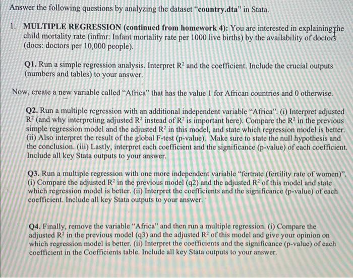 Solved MULTIPLE REGRESSION (continued from homework 4): You | Chegg.com