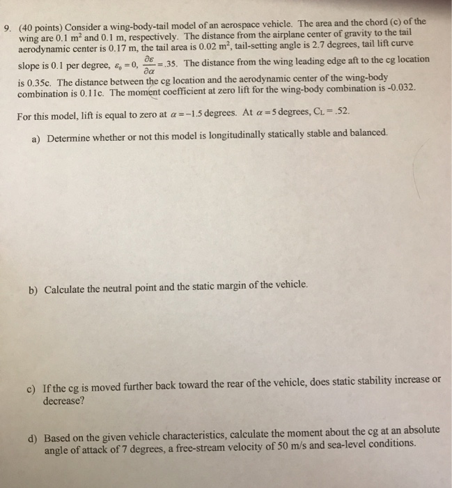Solved 9. (40 points) Consider a wing-body-tail model of an | Chegg.com