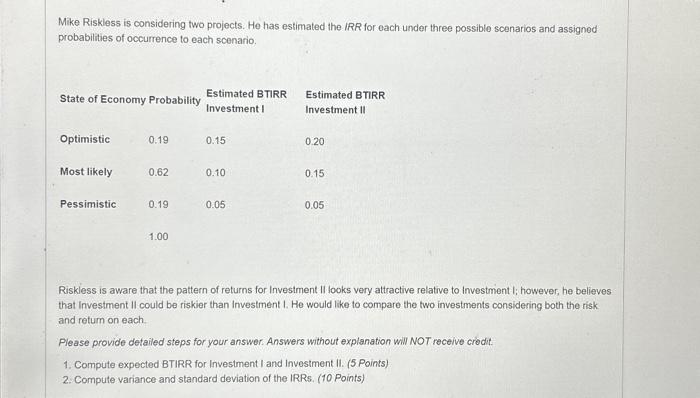 Solved Mike Riskless is considering two projects. He has | Chegg.com