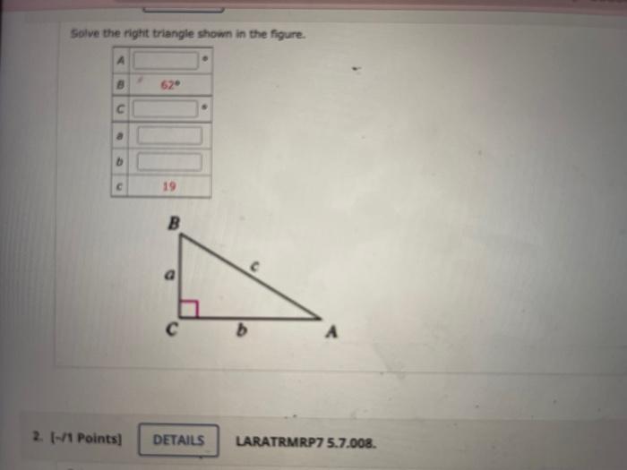 Solved Solve the right triangle shown in the figure. Solve | Chegg.com