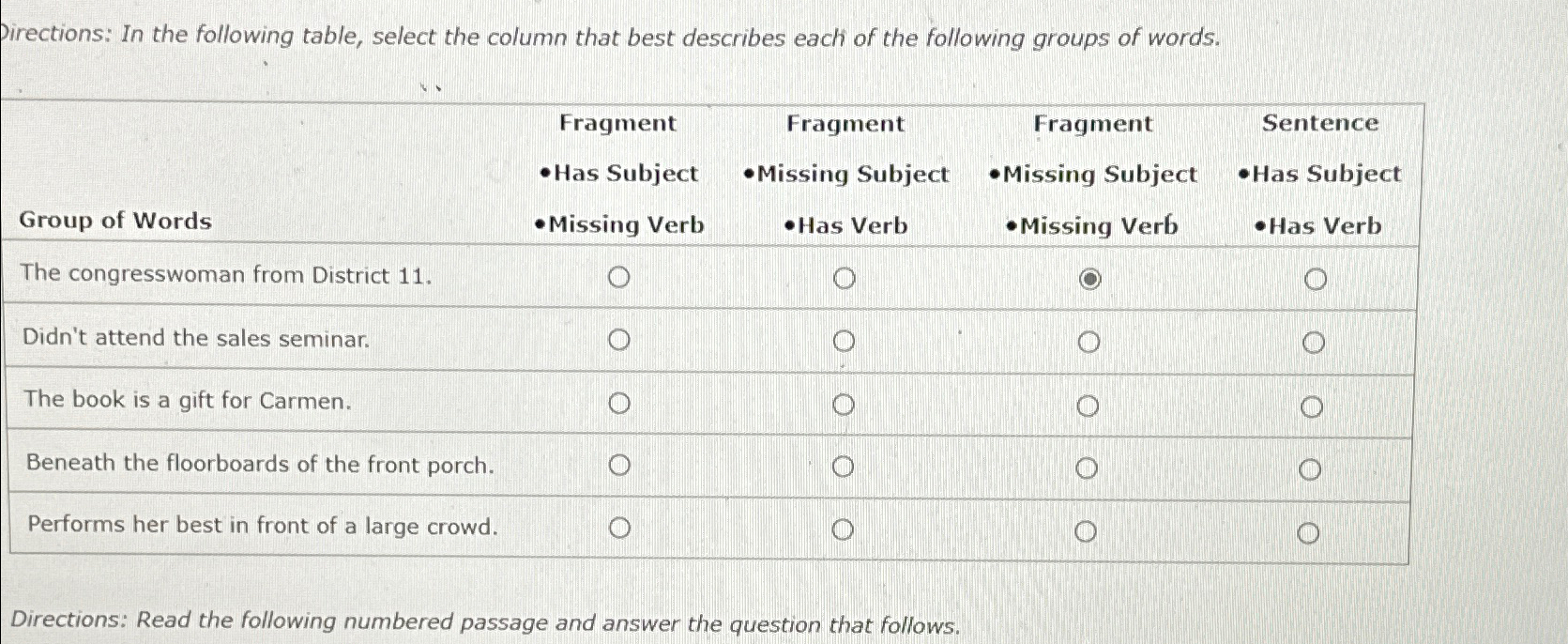 Solved Directions: In the following table, select the column | Chegg.com