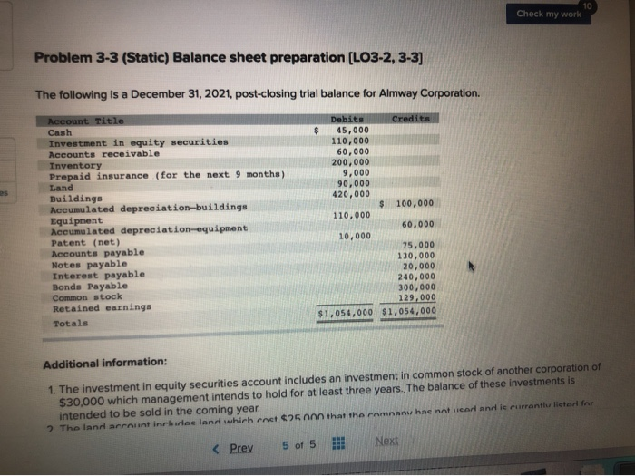 Solved Check my work Problem 3-3 (Static) Balance sheet | Chegg.com