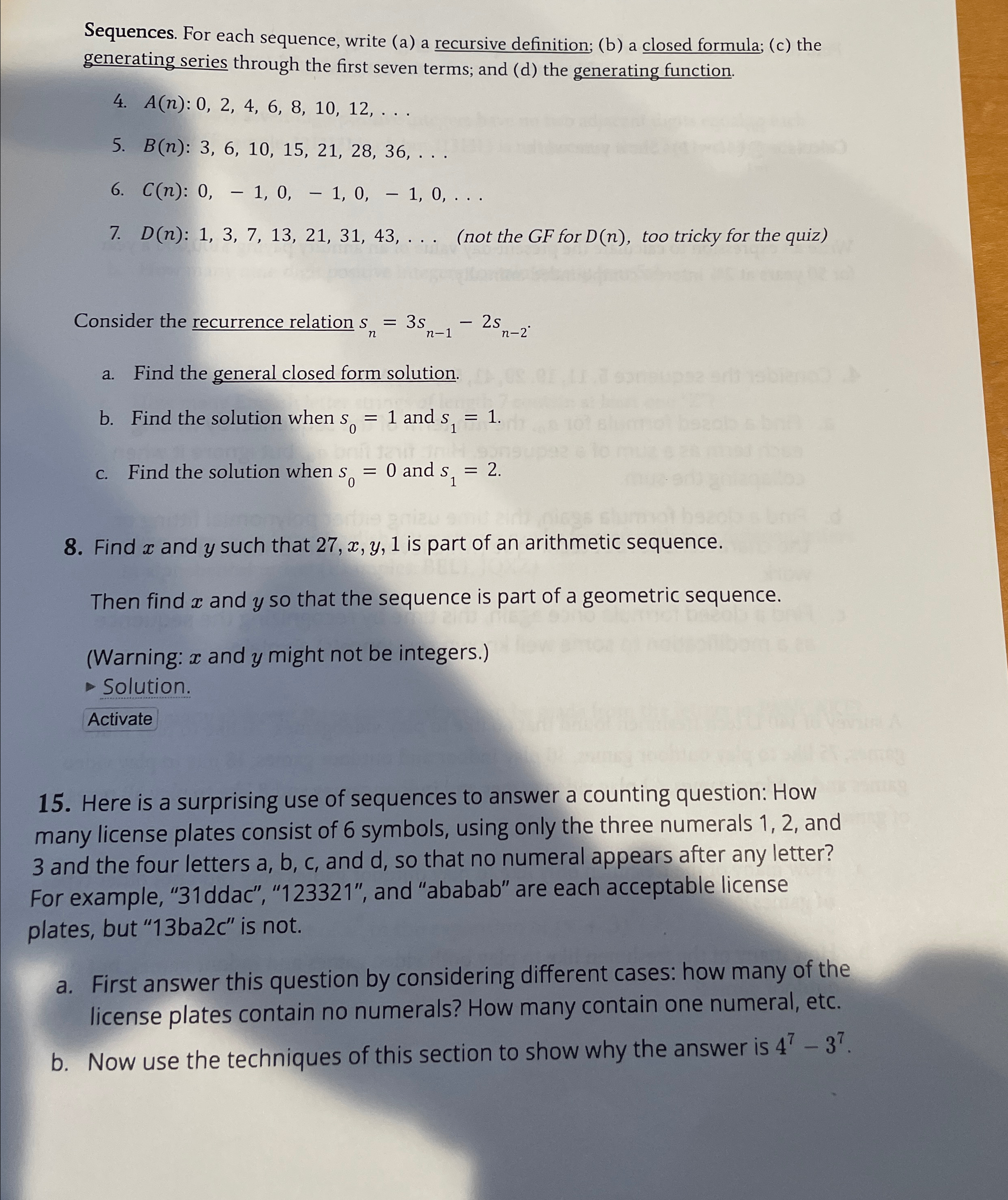 Solved Sequences. For each sequence, write (a) ﻿a recursive | Chegg.com