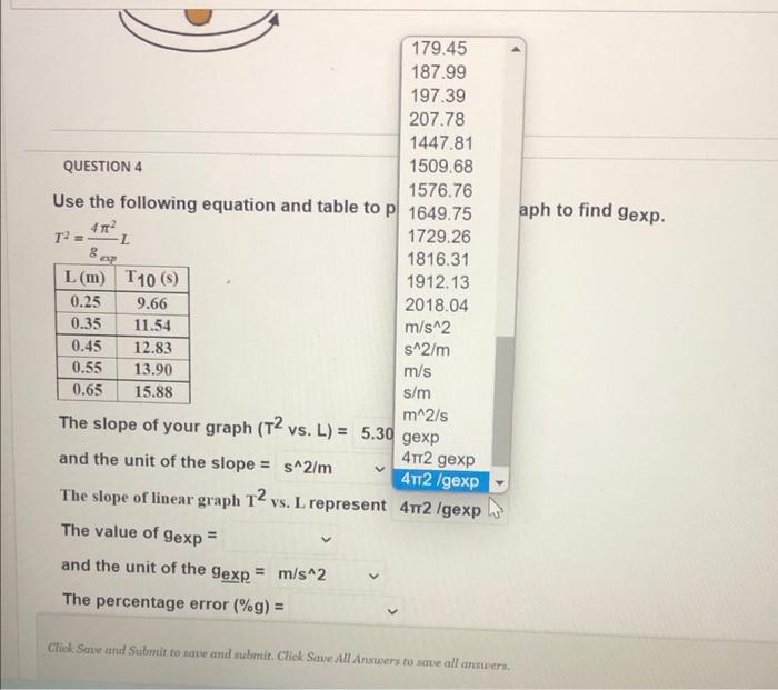 Solved Use the following equation and table T2=g4π2L The | Chegg.com