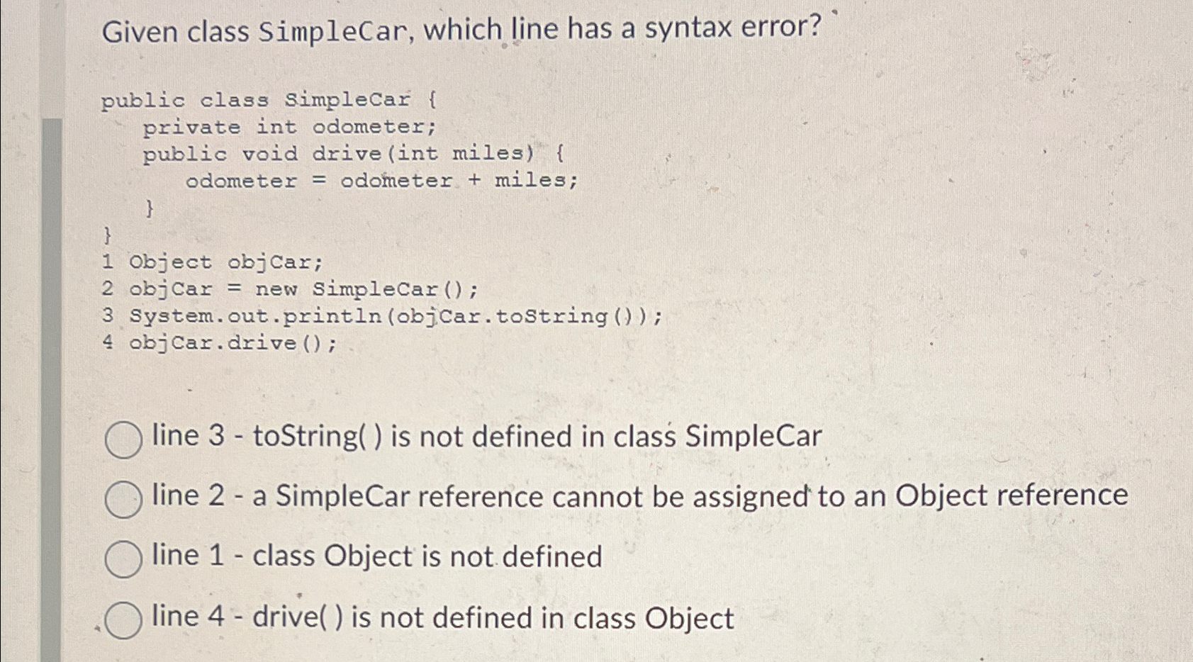 Solved Given class SimpleCar, which line has a syntax | Chegg.com