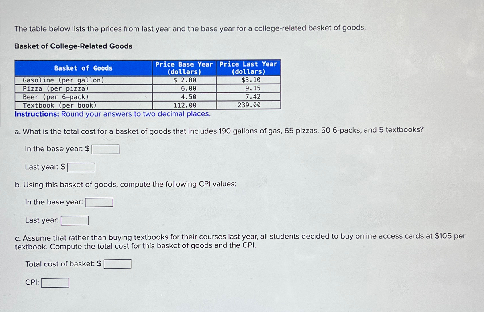 Solved The table below lists the prices from last year and | Chegg.com