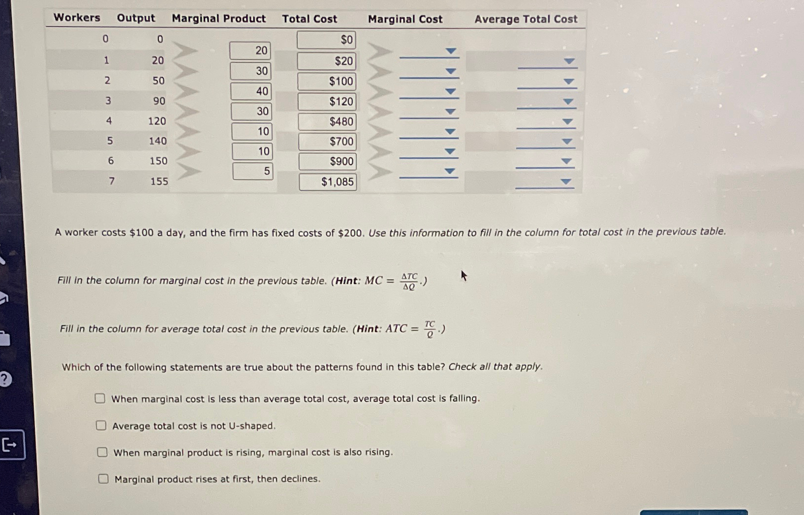 Solved \table[[Workers,Output,Marginal Product,Total | Chegg.com Solved \table[[Workers,Output,Marginal Product,Total | Chegg.com