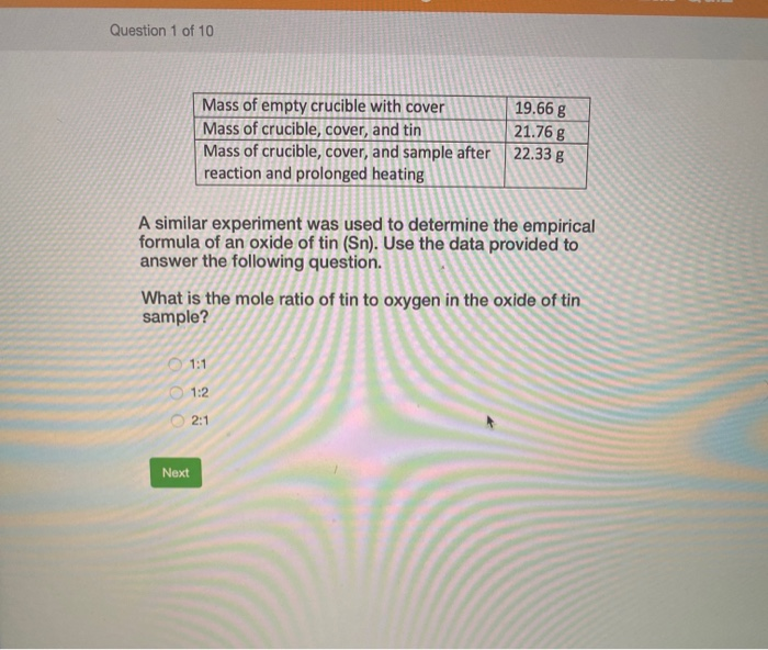 Solved Question 1 of 10 Mass of empty crucible with cover | Chegg.com