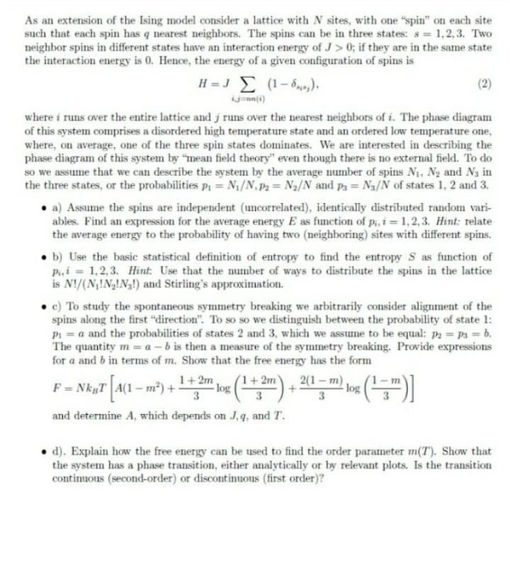 Solved As an extension of the Ising model consider a lattice | Chegg.com
