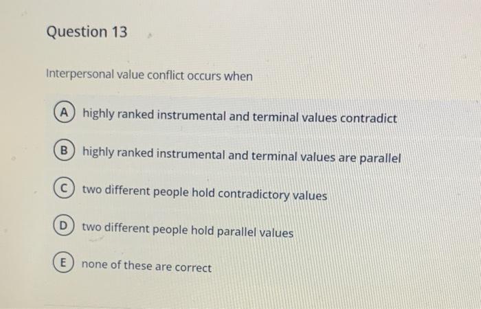 Solved Question 13 Interpersonal value conflict occurs when | Chegg.com