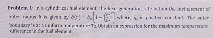 Solved Problem 1: In a cylindrical fuel element, the heat | Chegg.com