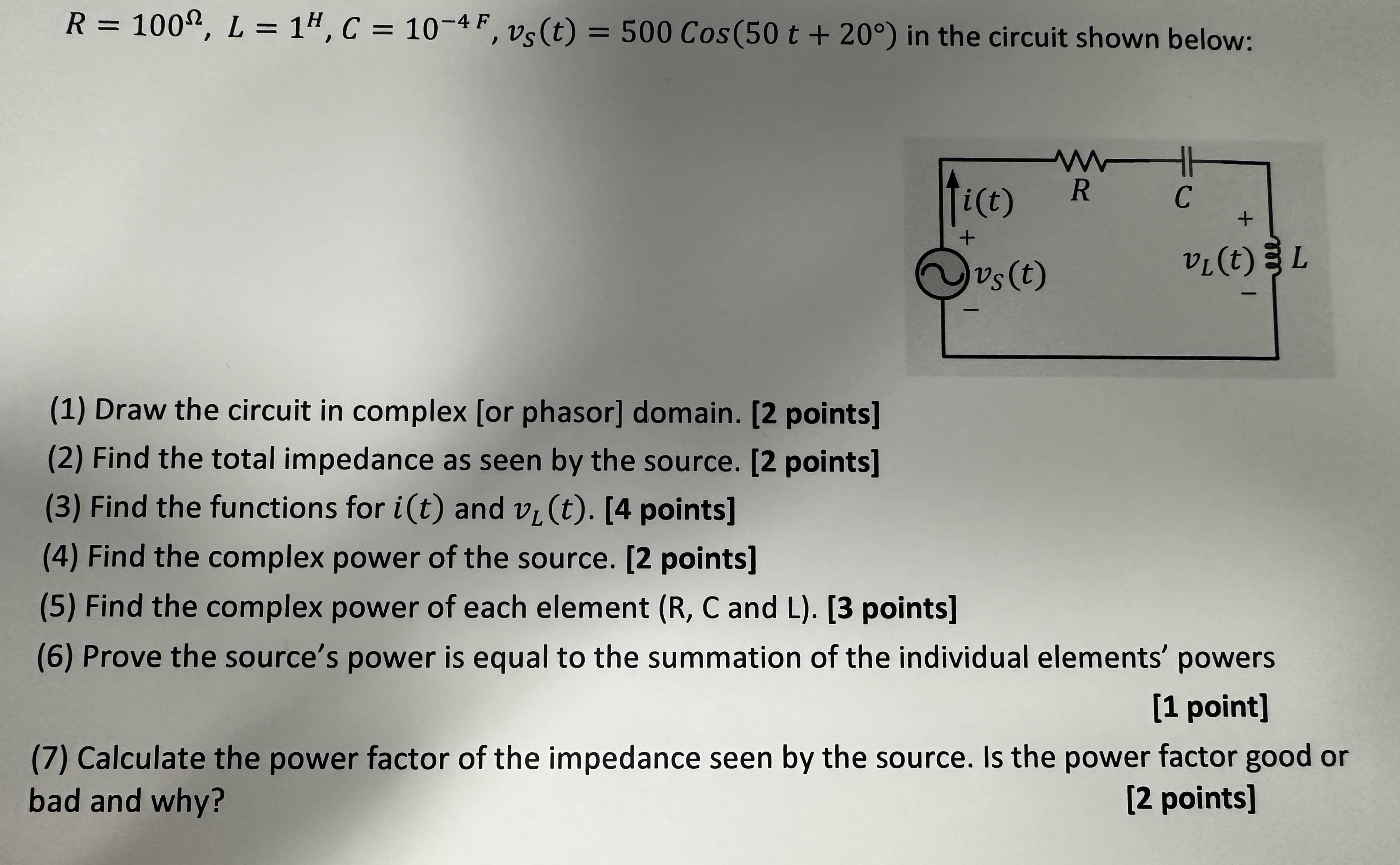 Solved R=100Ω,L=1H,C=10-4F,vS(t)=500Cos(50t+20°) in ﻿the | Chegg.com